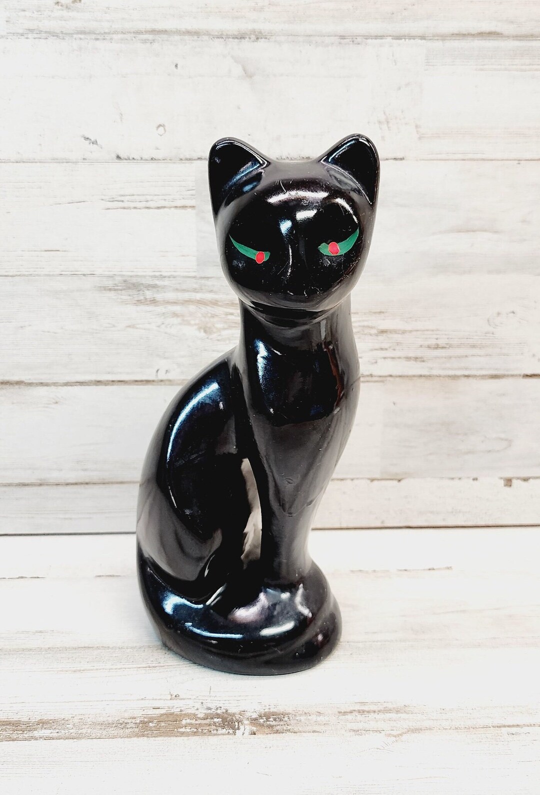 BLACK Ceramic Cat. Halloween. Large Vintage Black Ceramic Cat With Red ...