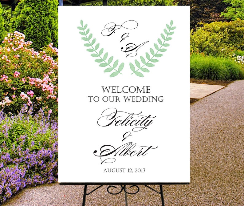 Welcome wedding sign printable laurel wreath digital wedding | Etsy
