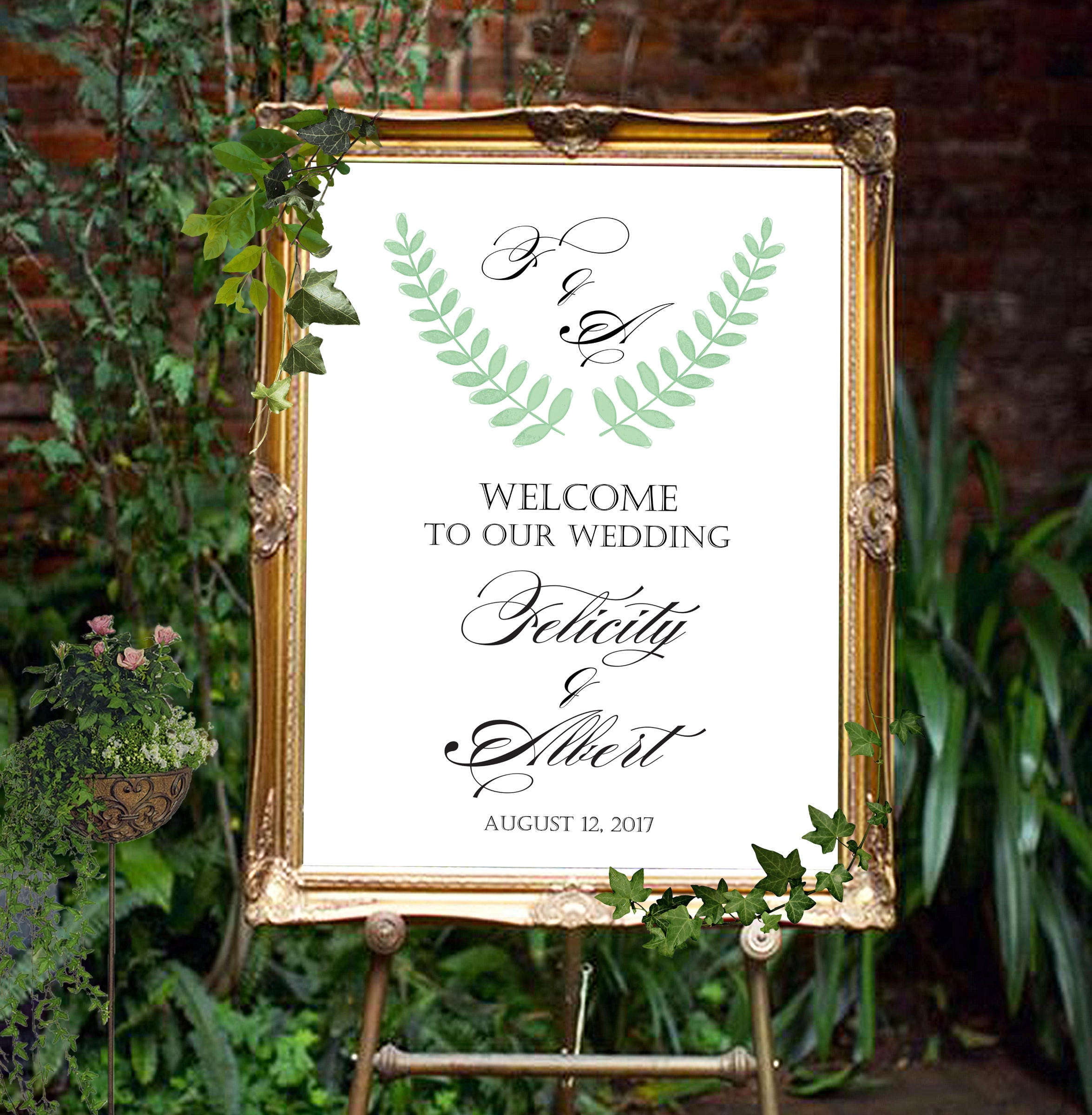 Welcome wedding sign printable laurel wreath digital wedding | Etsy