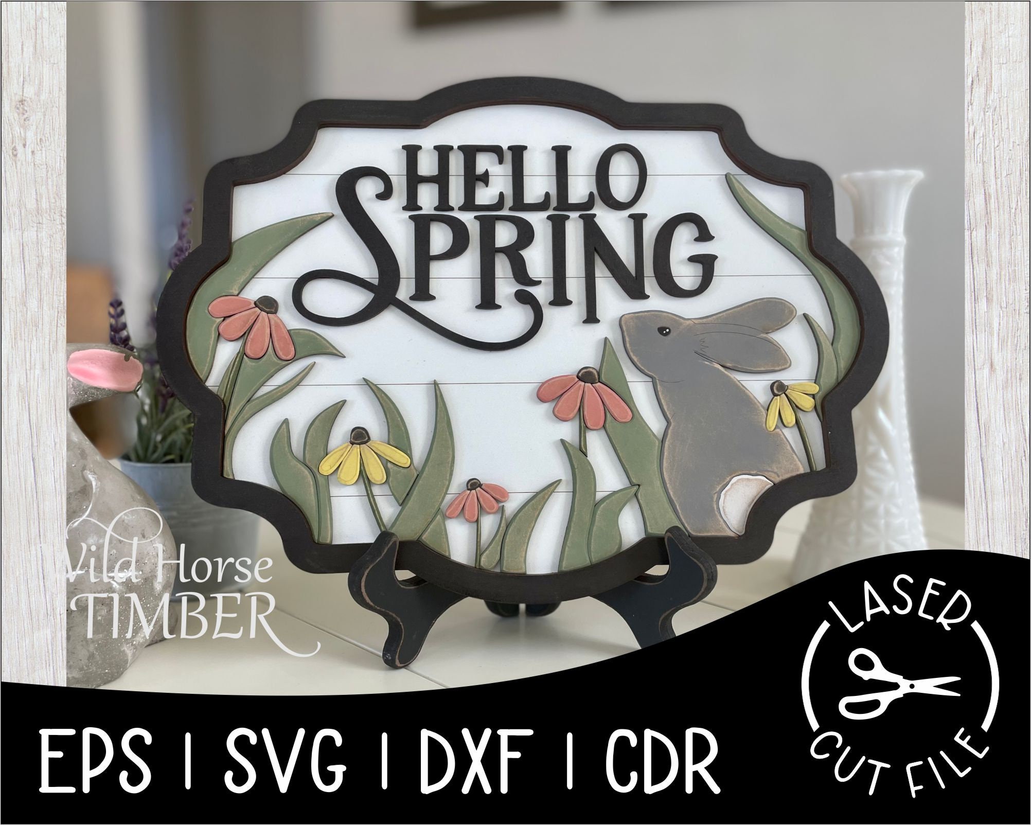 Floral Hello Spring Sign Spring Wildflowers Easter Bunny Decor - Etsy