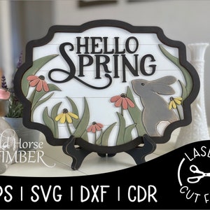 Floral Hello Spring Sign Spring Wildflowers Easter Bunny Decor Laser ...