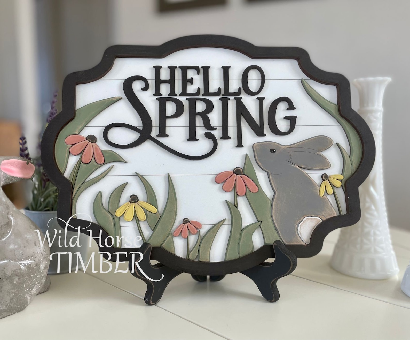 Floral Hello Spring Sign Spring Wildflowers Easter Bunny Decor - Etsy