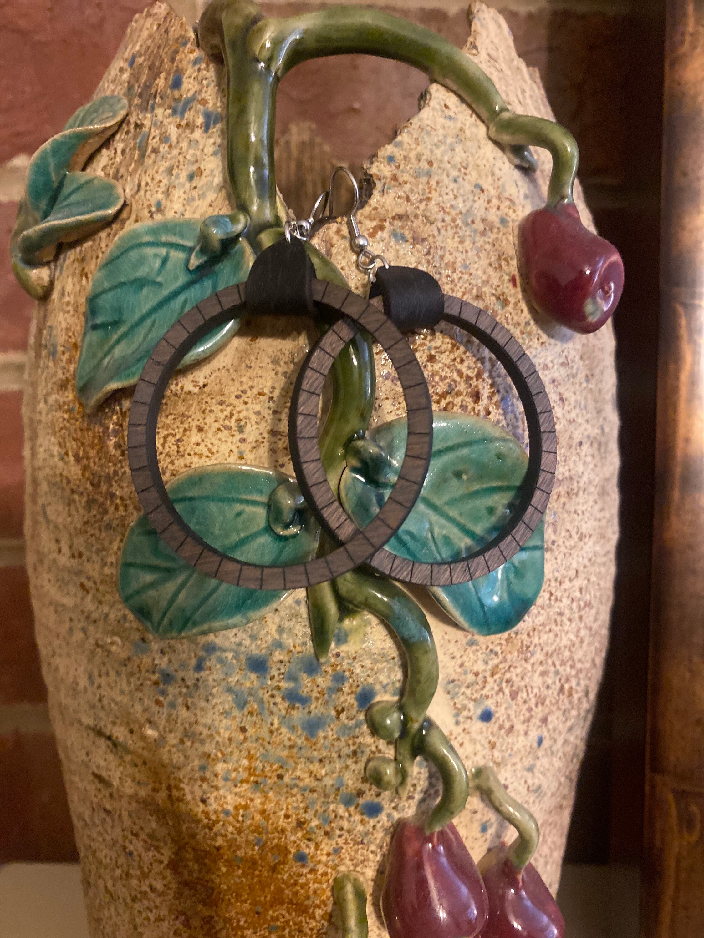 Laser Cut Mahogany Wood Drop Earrings with Leather Strap/Wood Hoop ...