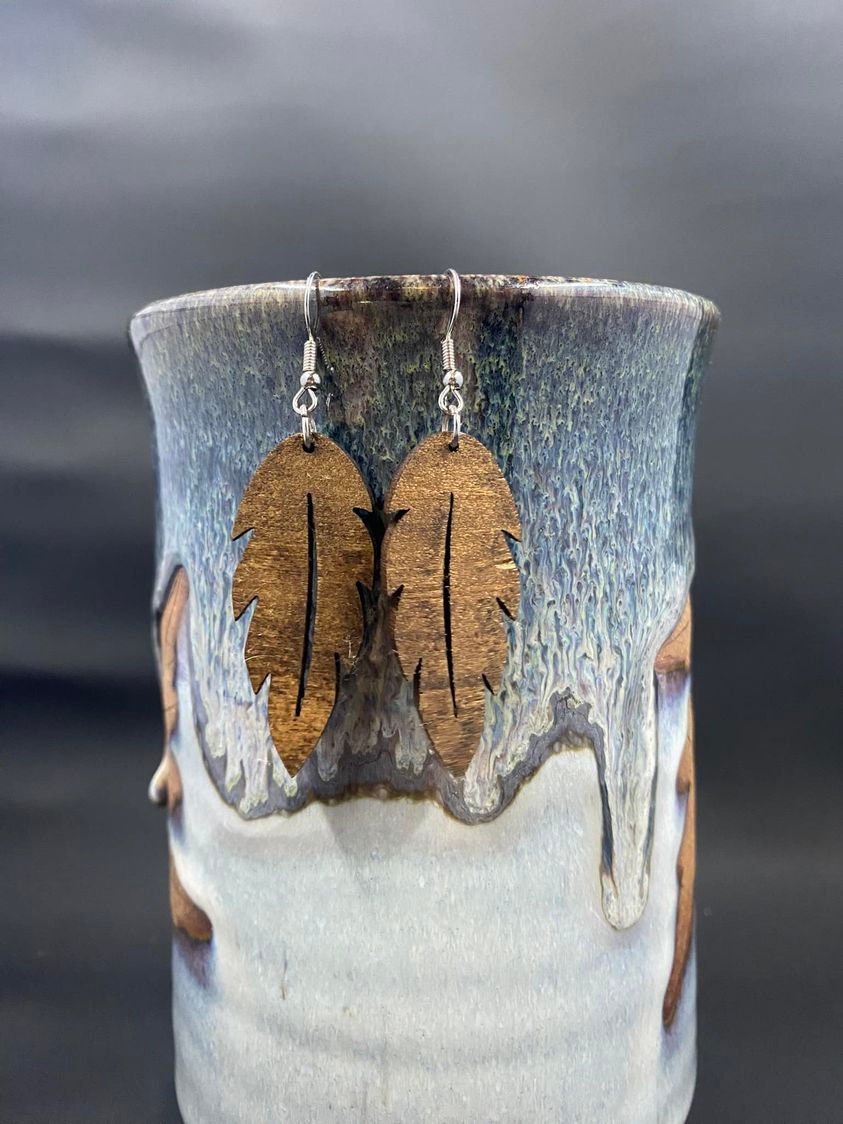 Laser Cut Feather Drop Earrings- Boho Inspired, stainless steel, cedar ...
