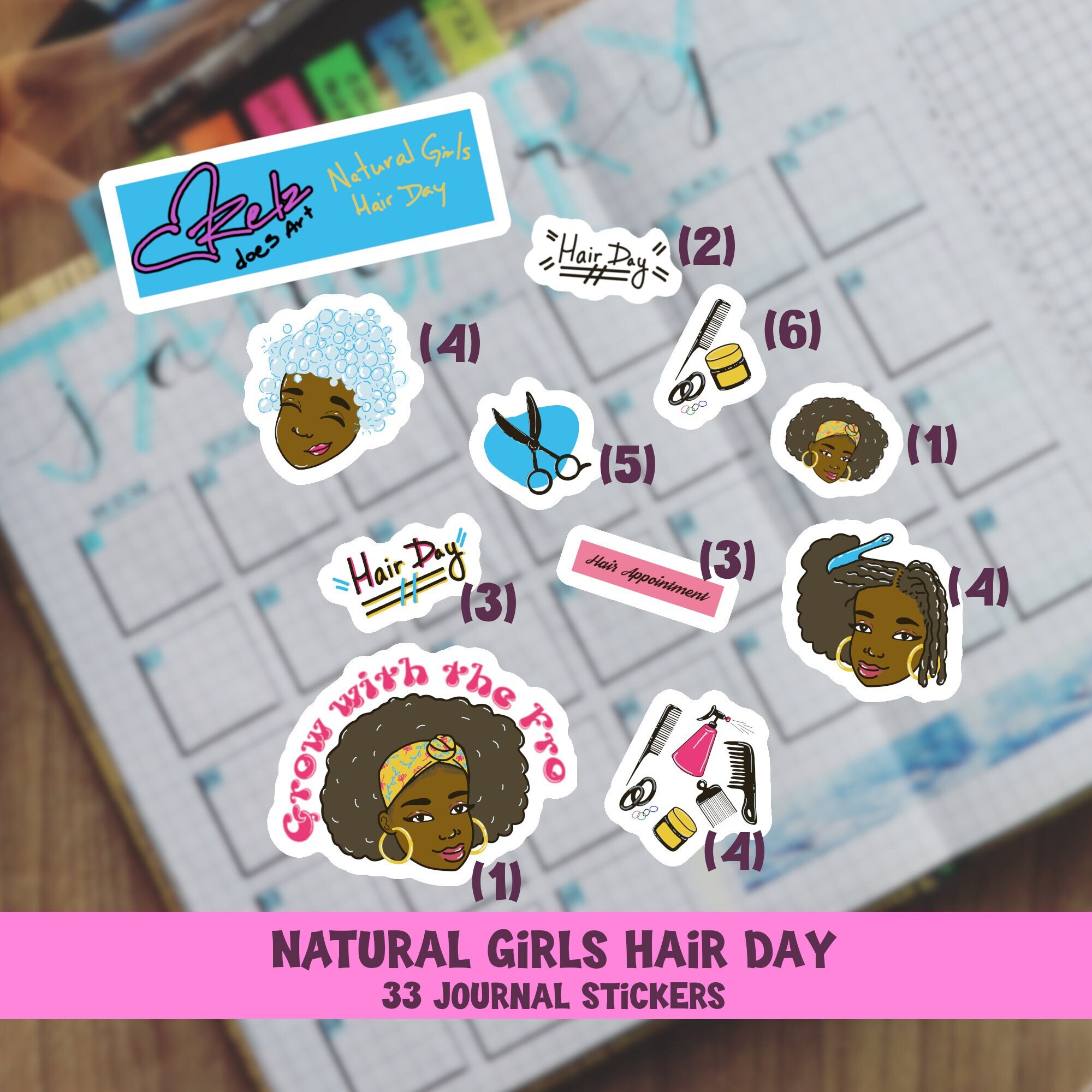 Natural Girl's Hair Day Journal Sticker Set 33pcs Set - Etsy