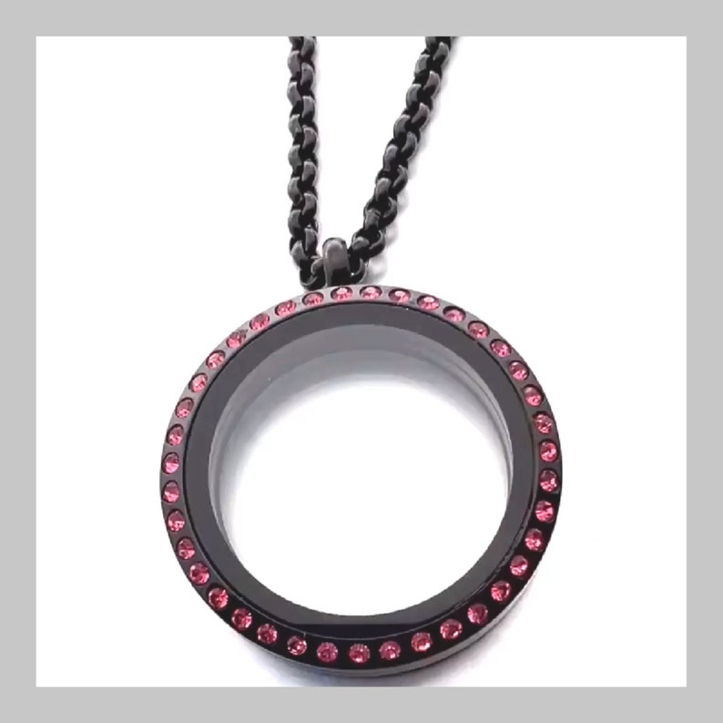 30mm Black Locket Necklace With Pink Crystal Face, Free Chain Included ...