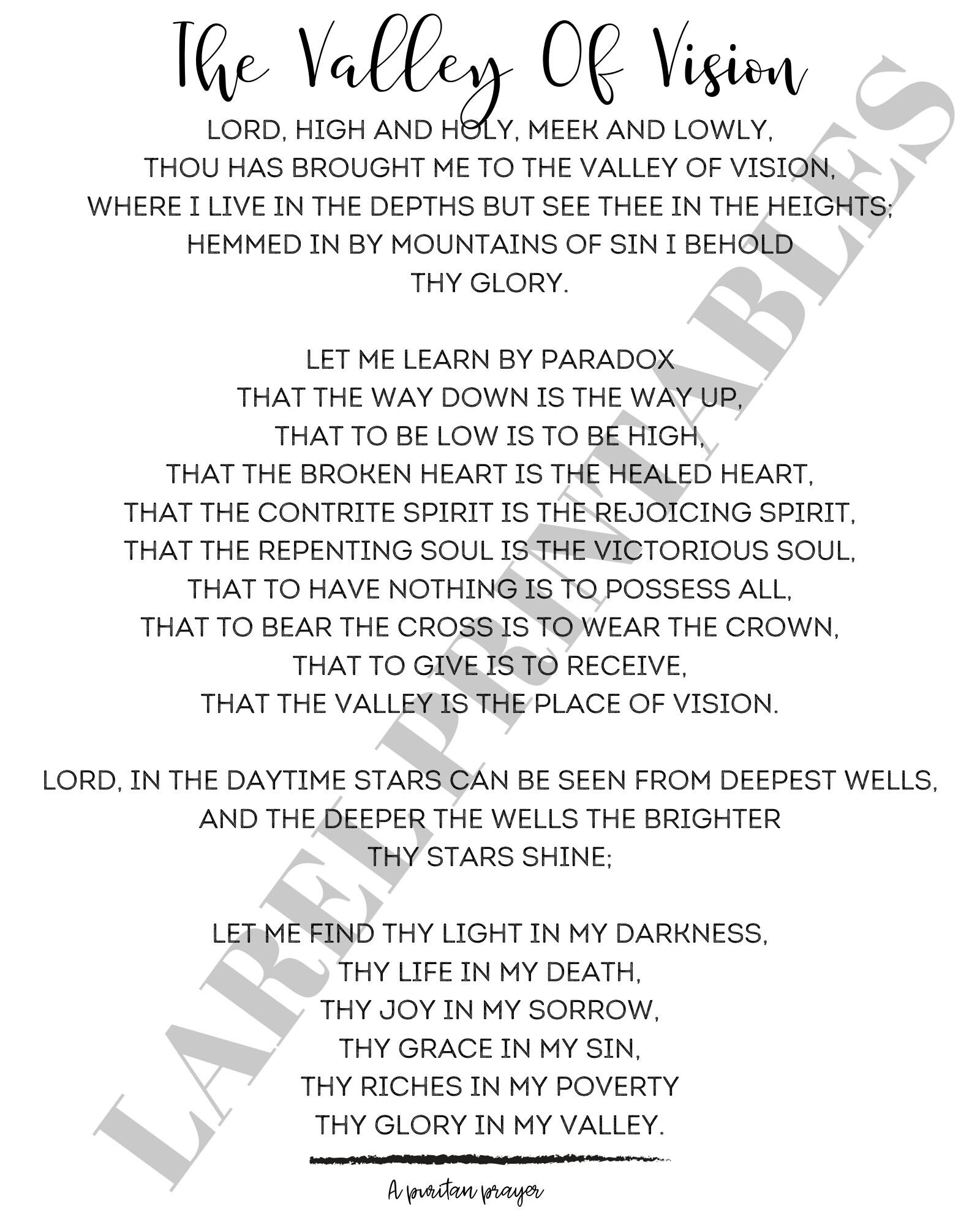 The Valley of Vision PRINTABLE | Prayer | 5 Different Sizes | Christian ...