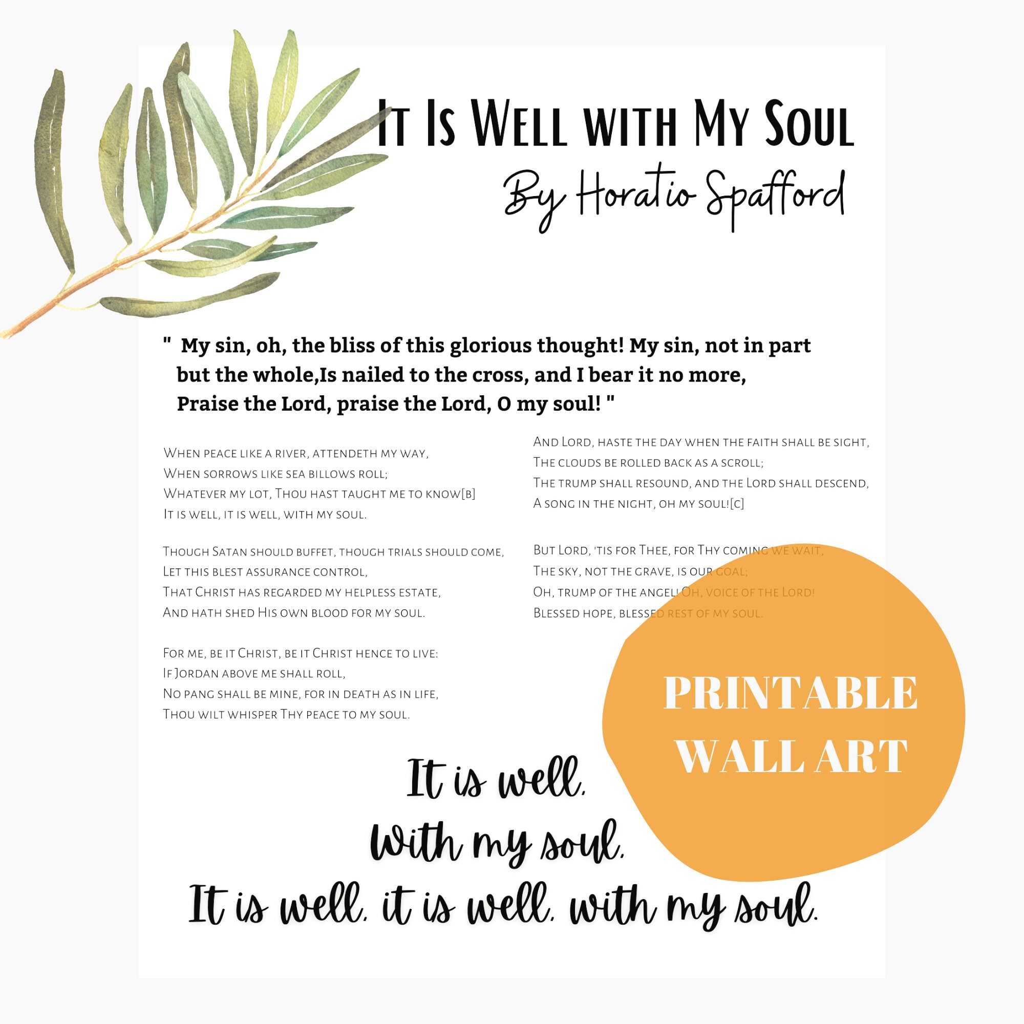 PRINTABLE it is Well With My Soul hymnminimalist Christian - Etsy