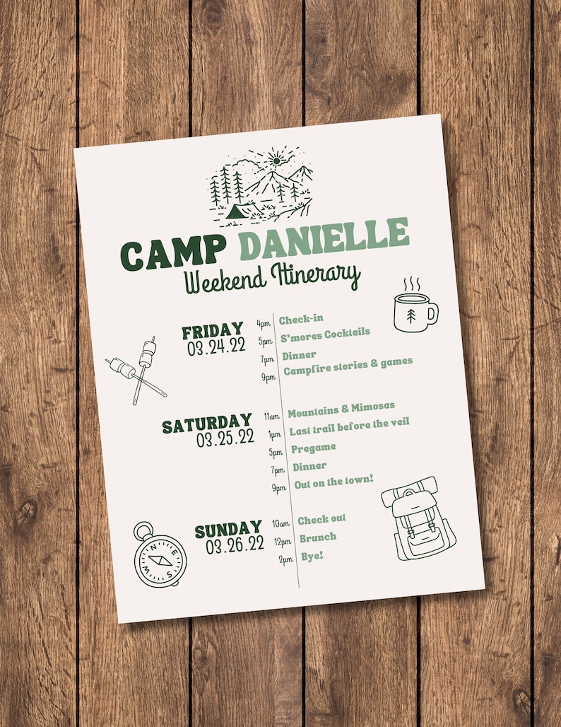 Camp Bachelorette Weekend Itinerary - Downloadable Template - Etsy