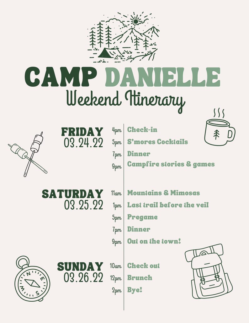 Camp Bachelorette Weekend Itinerary - Downloadable Template - Etsy