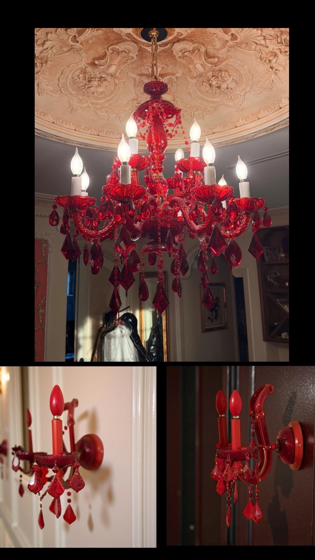 3p Ruby Red Baroque Rococo Revival European Imprt Glass Chandelier ...