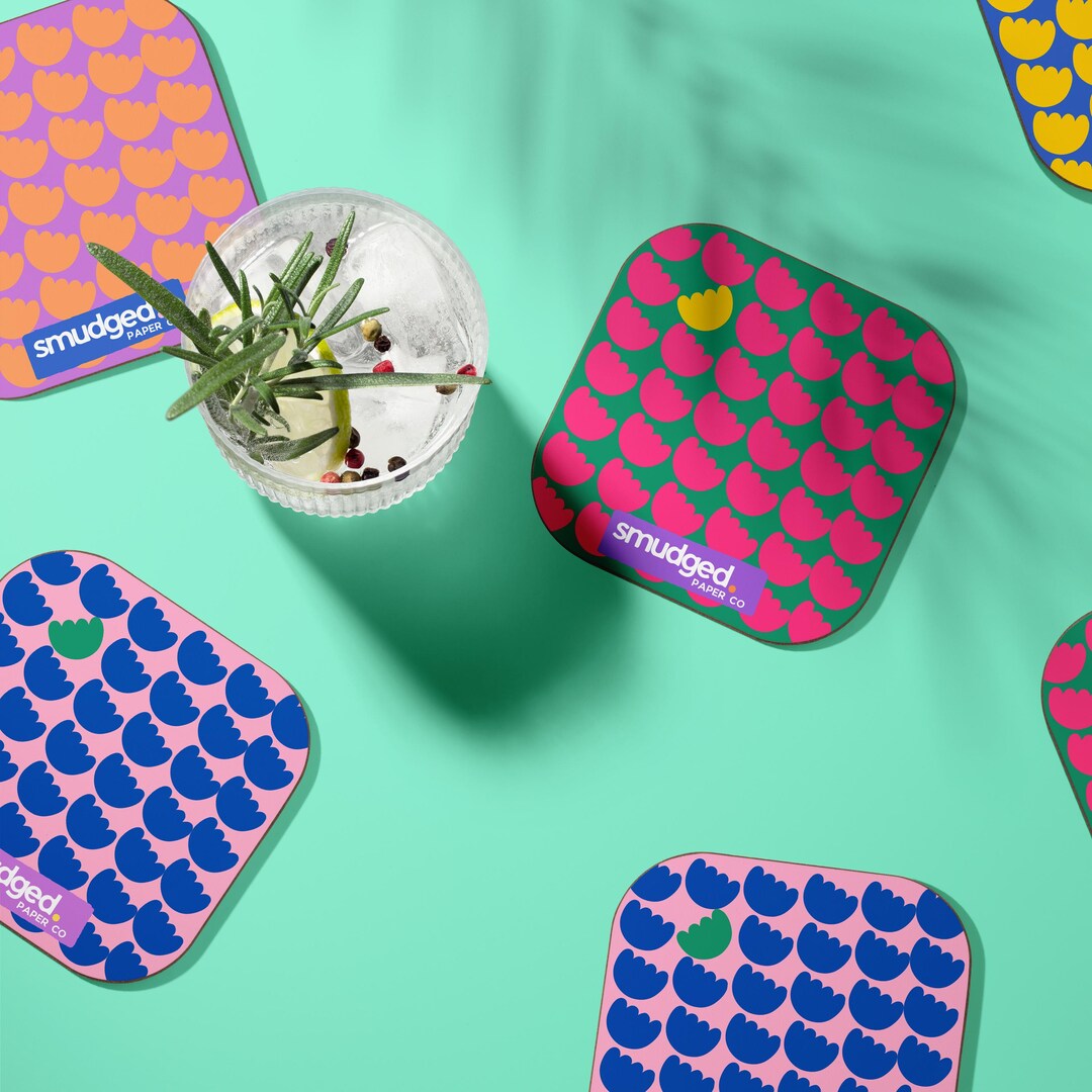 Tulip Daydream Design - Colourful Cork Backed Coasters Set of 6 - Boxed ...