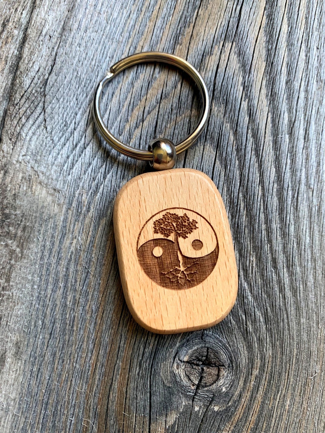 Engraved Maple Wood Key Chain: Yin Yang Tree of Life, Custom Key Tag - Etsy