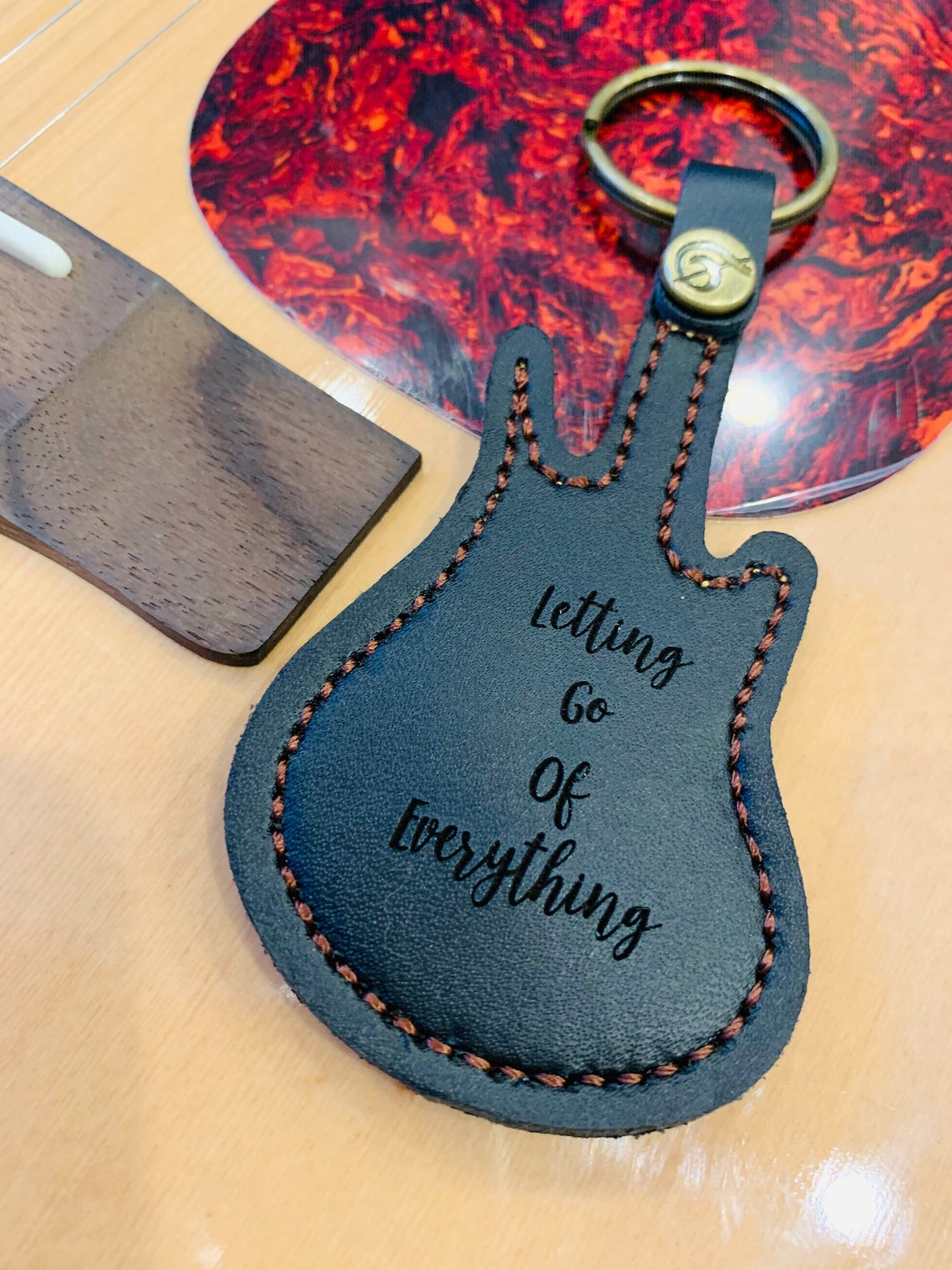 Personalized Black Leather Guitar Pick Holder Key Ring With Engraved ...