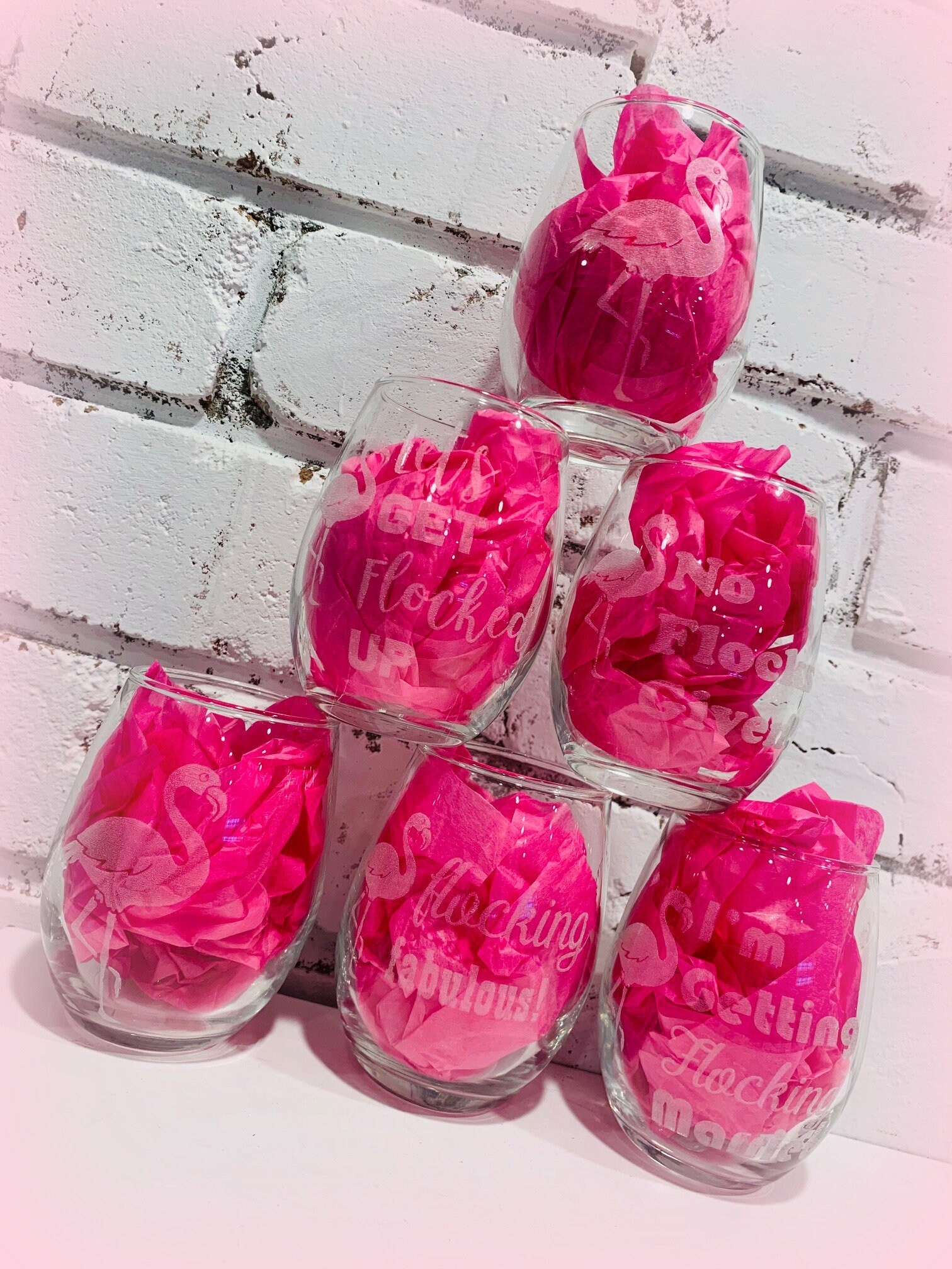 Flamingo Stemless Wine Glasses Flocking Fabulous Wine Glass | Etsy