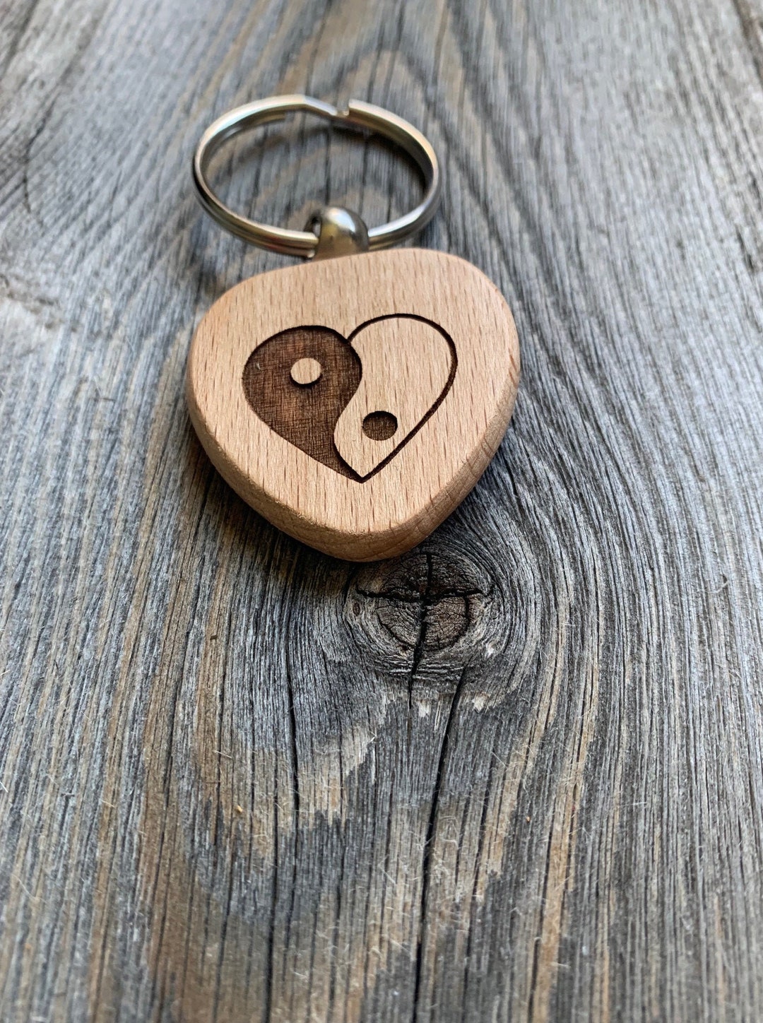 Engraved Maple Wood Yin Yang Heart Keychain - Personalized Key Tag - Etsy