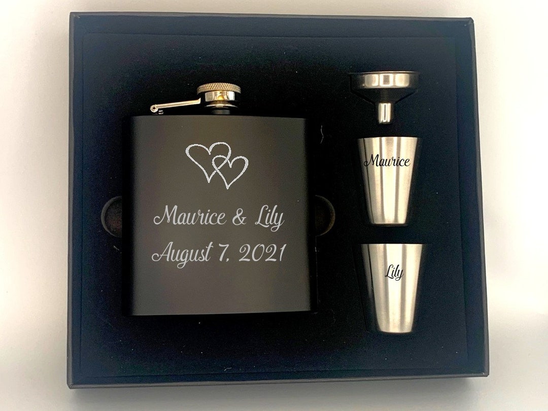 Engraved Black Flask Set: Custom Stainless Steel Shot Glasses, Gift ...