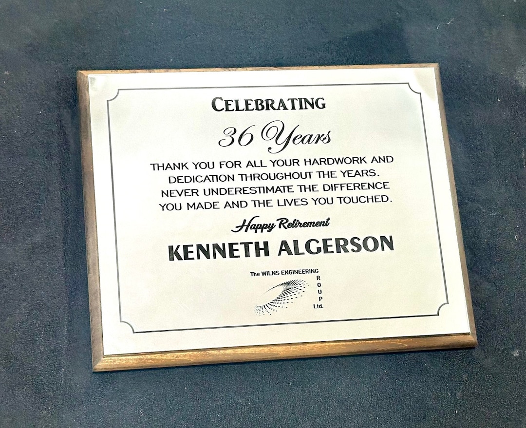 Custom Retirement Plaque: Laser Engraved Metallic Chrome on Walnut ...