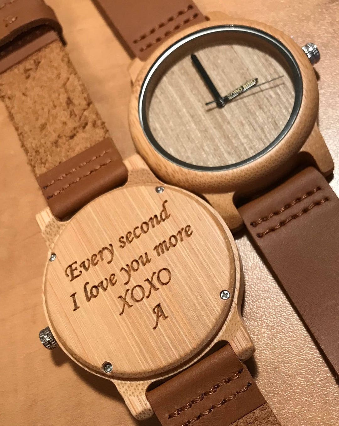 Custom Wood Watch - Engraved Bamboo Watch - Genuine Light Brown Leather ...