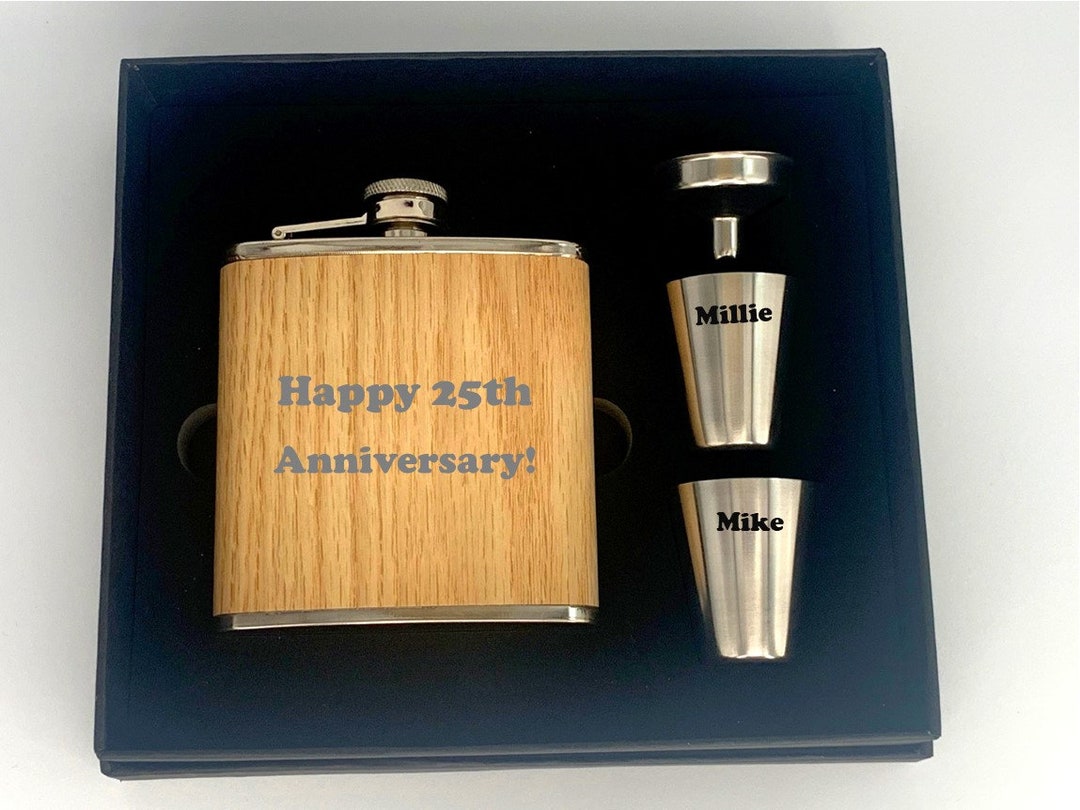 Custom Engraved Oak Flask Set: Stainless Steel Shot Glasses, Gift Boxed ...