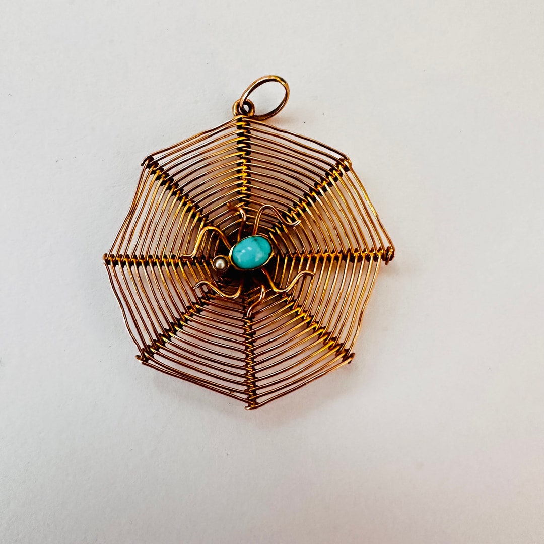 9ct Gold Victorian Natural Turquoise & Seed Pearl Spider Wed Large ...