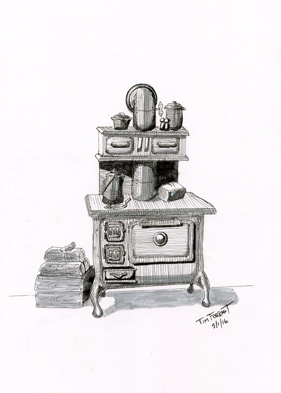 Old Timey Stove Pen and Ink Print - Etsy