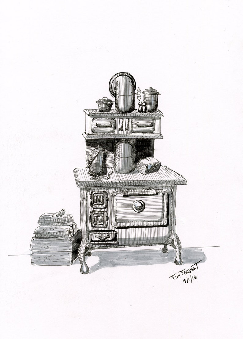 Old Timey Stove Pen and Ink Print - Etsy