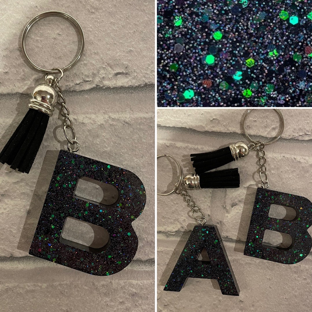 Black Glitter Resin Alphabet Letter Keyring, Alphabet Keychain, Letter ...