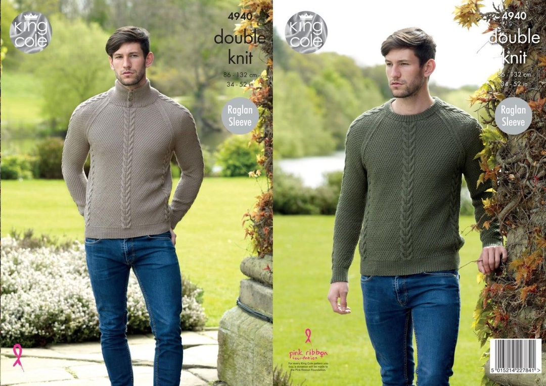 Mens Raglan Cable Panel Sweaters Knitting Pattern in King Cole Luxury ...