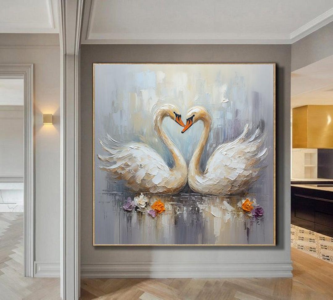 Romantic Hand-painted Swans on Canvas, Contemporary Bedroom Living Room ...