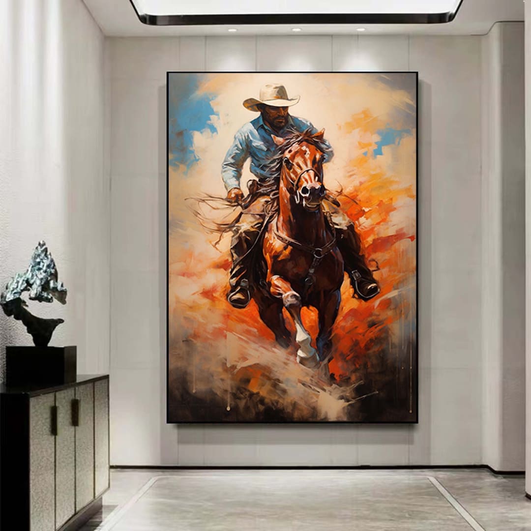 Cowboy Riding Horse Painting,western Wall Art,mid-century Wall Decor ...