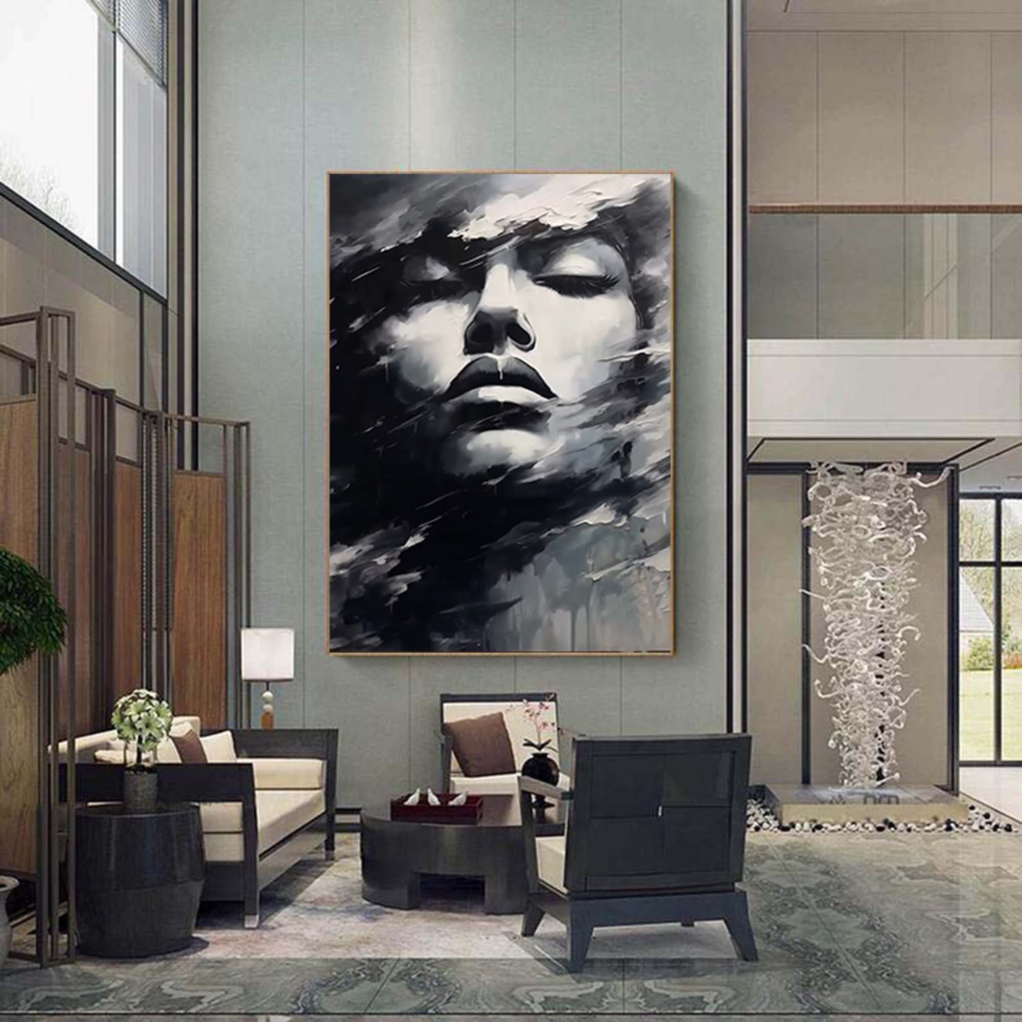 Abstract Black and White Face Oil Painting,black Art Woman Face Artwork ...