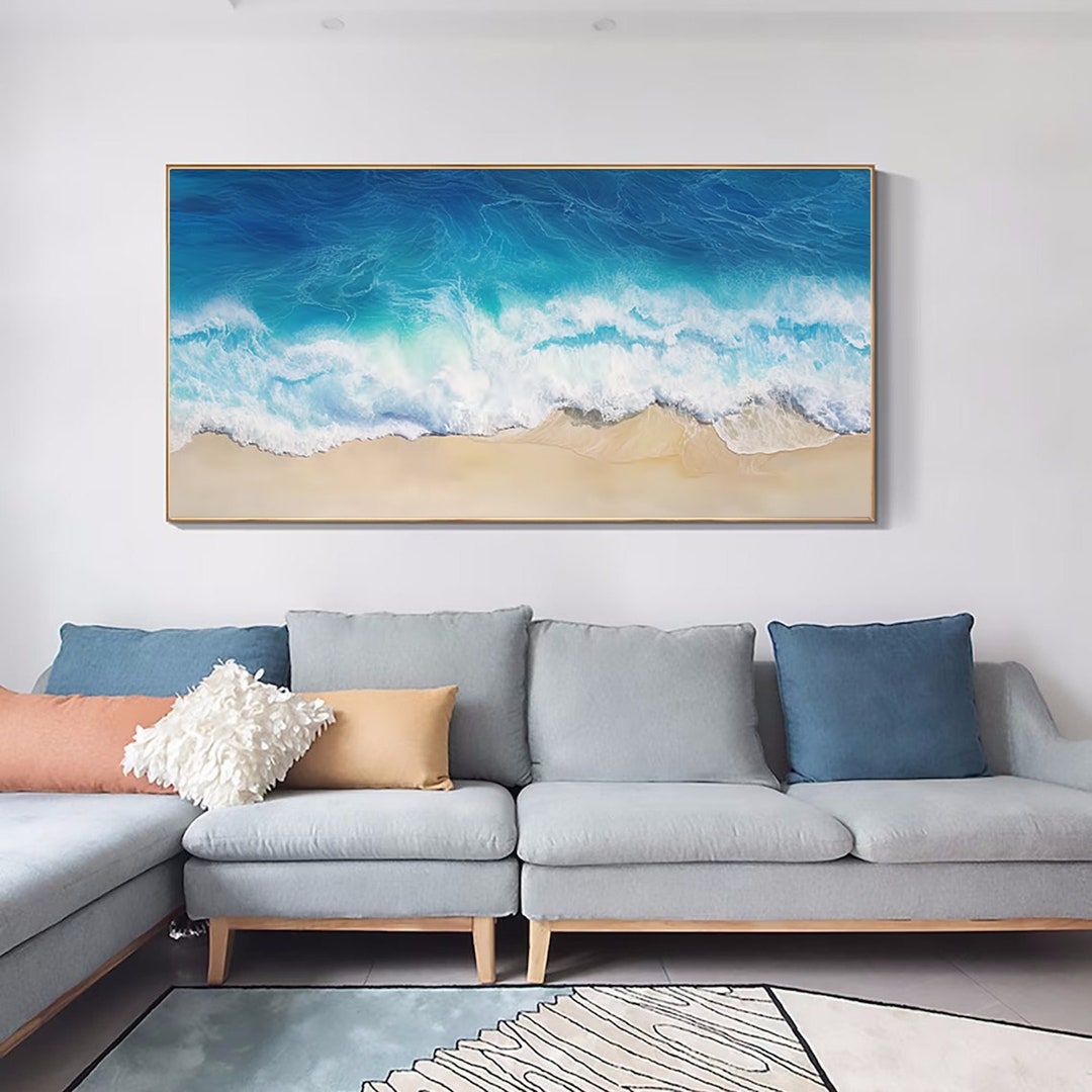 Hand Painted Impasto Sea Texture Art,large Abstract Blue Sea Island ...