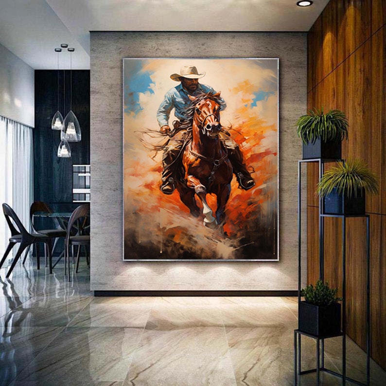Cowboy Riding Horse Painting,western Wall Art,mid-century Wall Decor ...