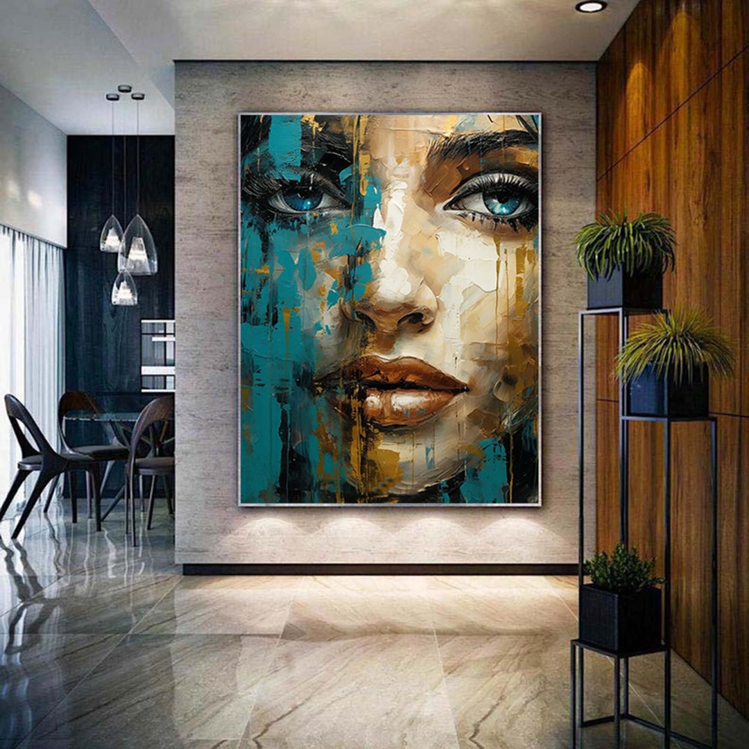 Abstract Lady Painting Framed Blue and Beige Woman Painting Woman Face ...
