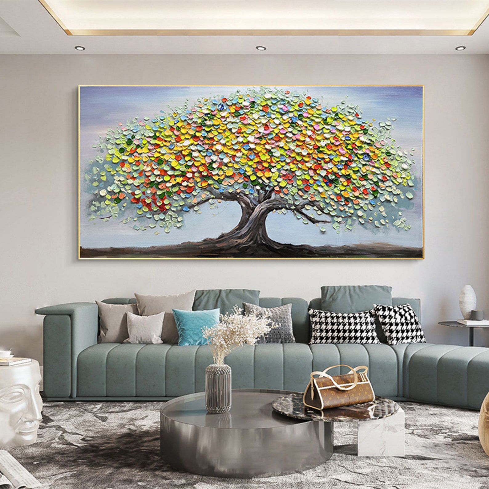 Original Tree Painting on Canvas, Large Abstract Gold Gray Big Tower ...