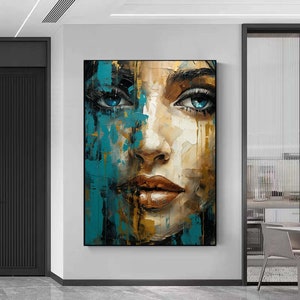 Abstract Lady Painting Framed Blue and Beige Woman Painting Woman Face ...