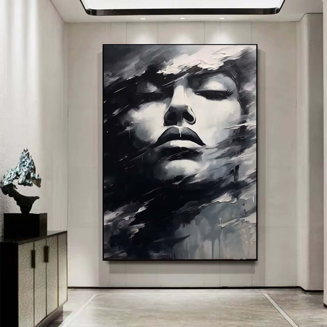 Abstract Black and White Face Oil Painting,black Art Woman Face Artwork Faceless Portrait ...