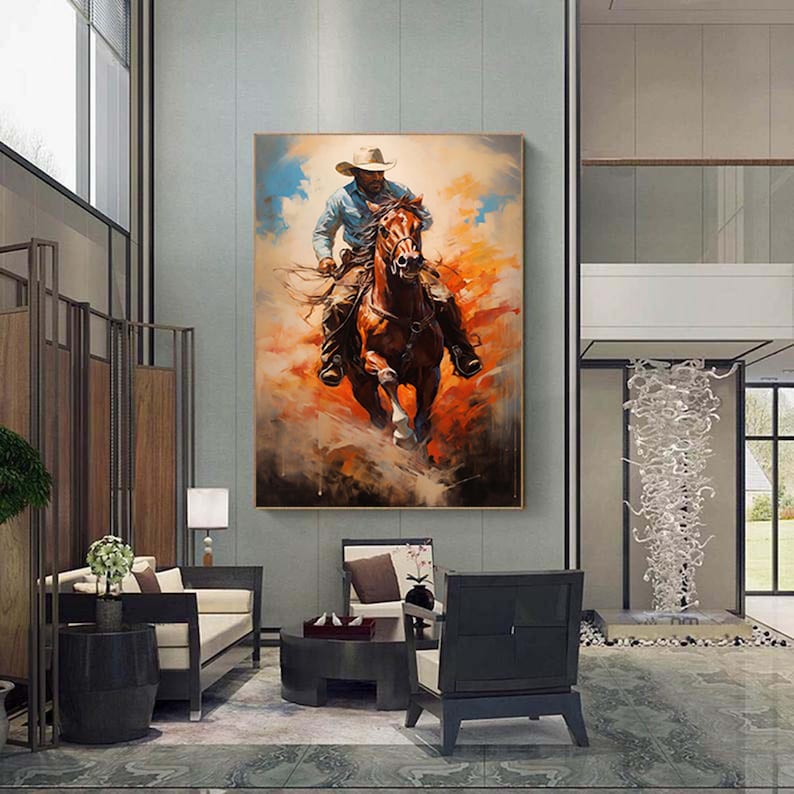 Cowboy Riding Horse Painting,western Wall Art,mid-century Wall Decor ...