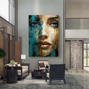 Abstract Lady Painting Framed Blue and Beige Woman Painting Woman Face ...