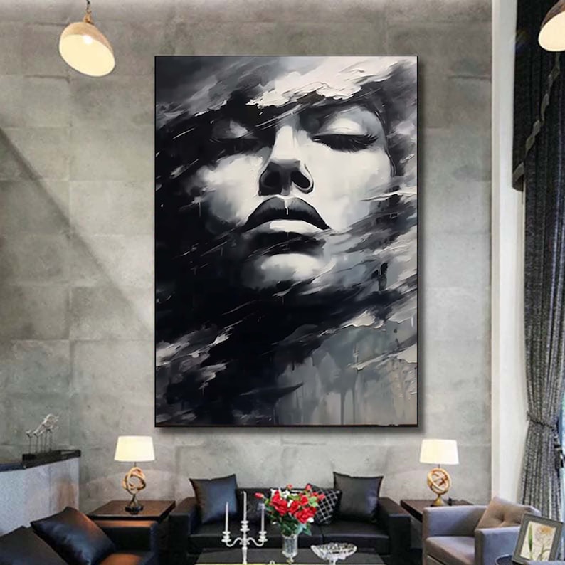 Abstract Black and White Face Oil Painting,black Art Woman Face Artwork ...