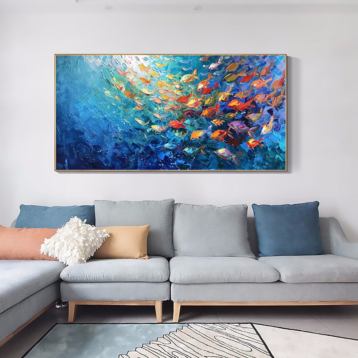Abstract Blue Sea Painting,large Original Fish School Oil Painting on ...
