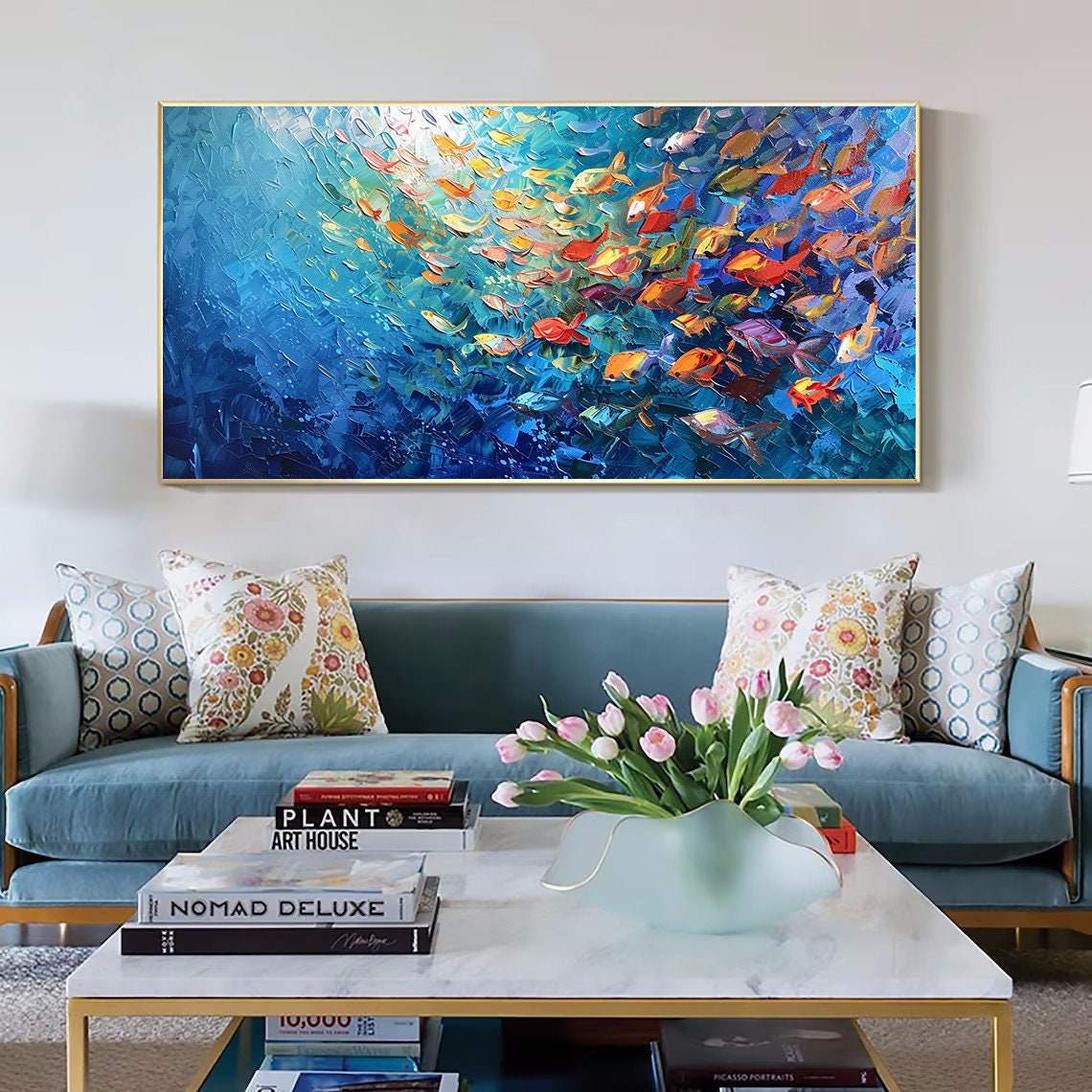 Abstract Blue Sea Painting,large Original Fish School Oil Painting on ...