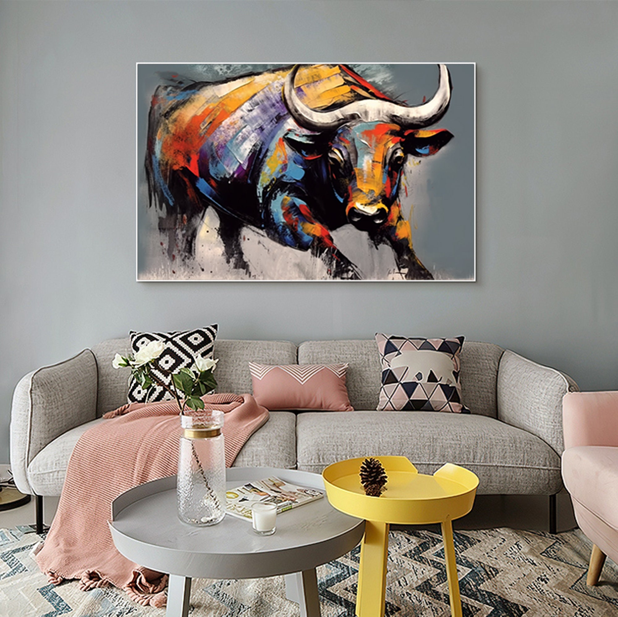 Bull Painting Art,bull Canvas Painting,colorful Bull,bull Wall Decor ...