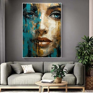 Abstract Lady Painting Framed Blue and Beige Woman Painting Woman Face ...
