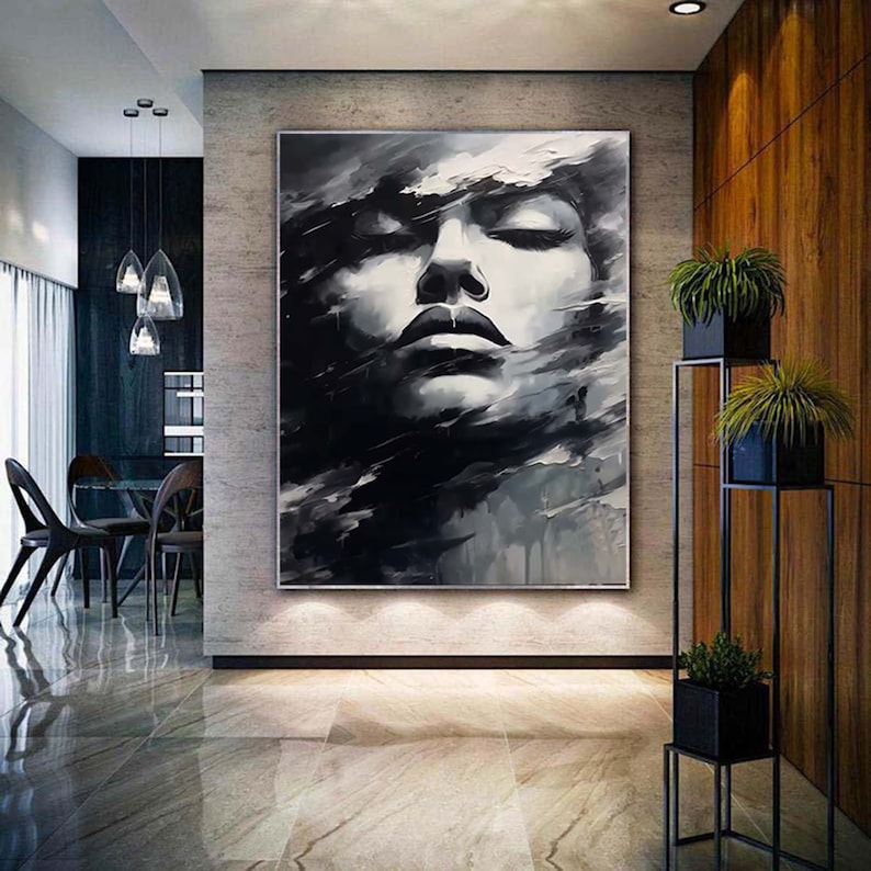 Abstract Black and White Face Oil Painting,black Art Woman Face Artwork ...