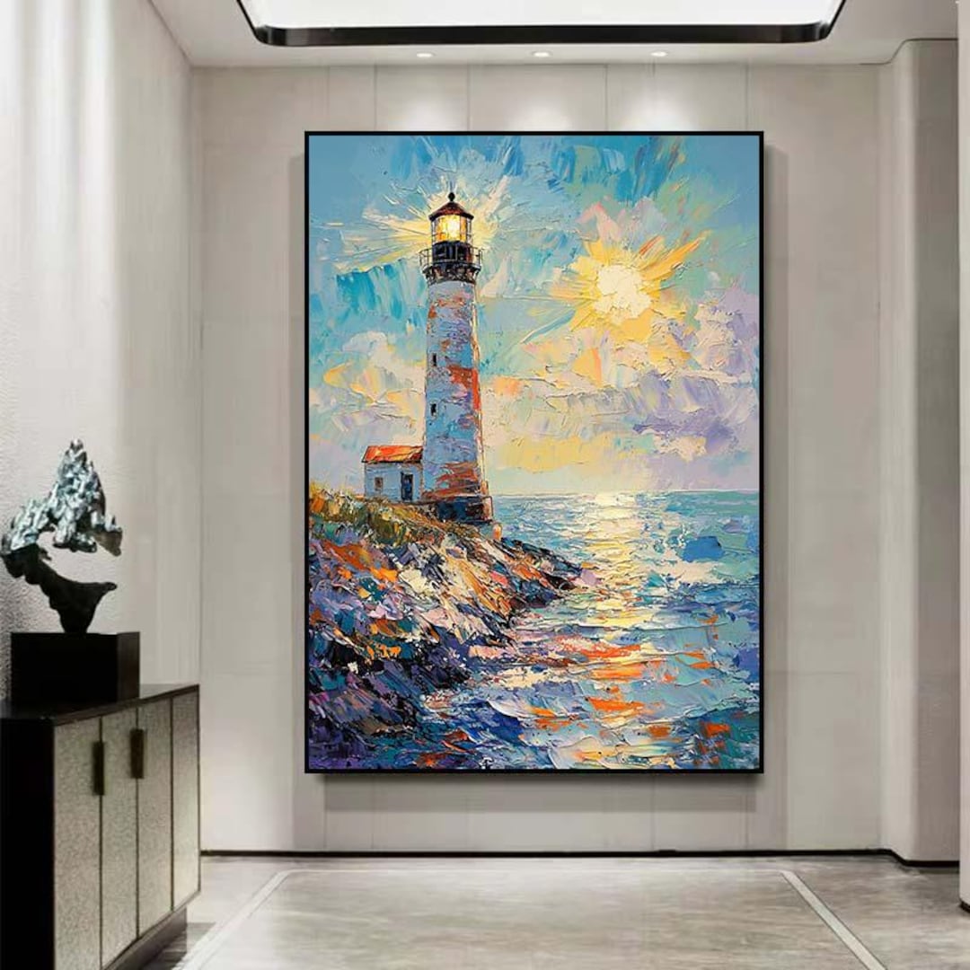 Original Lighthouse Oil Painting Textured Coastal Seascape Wall Art ...