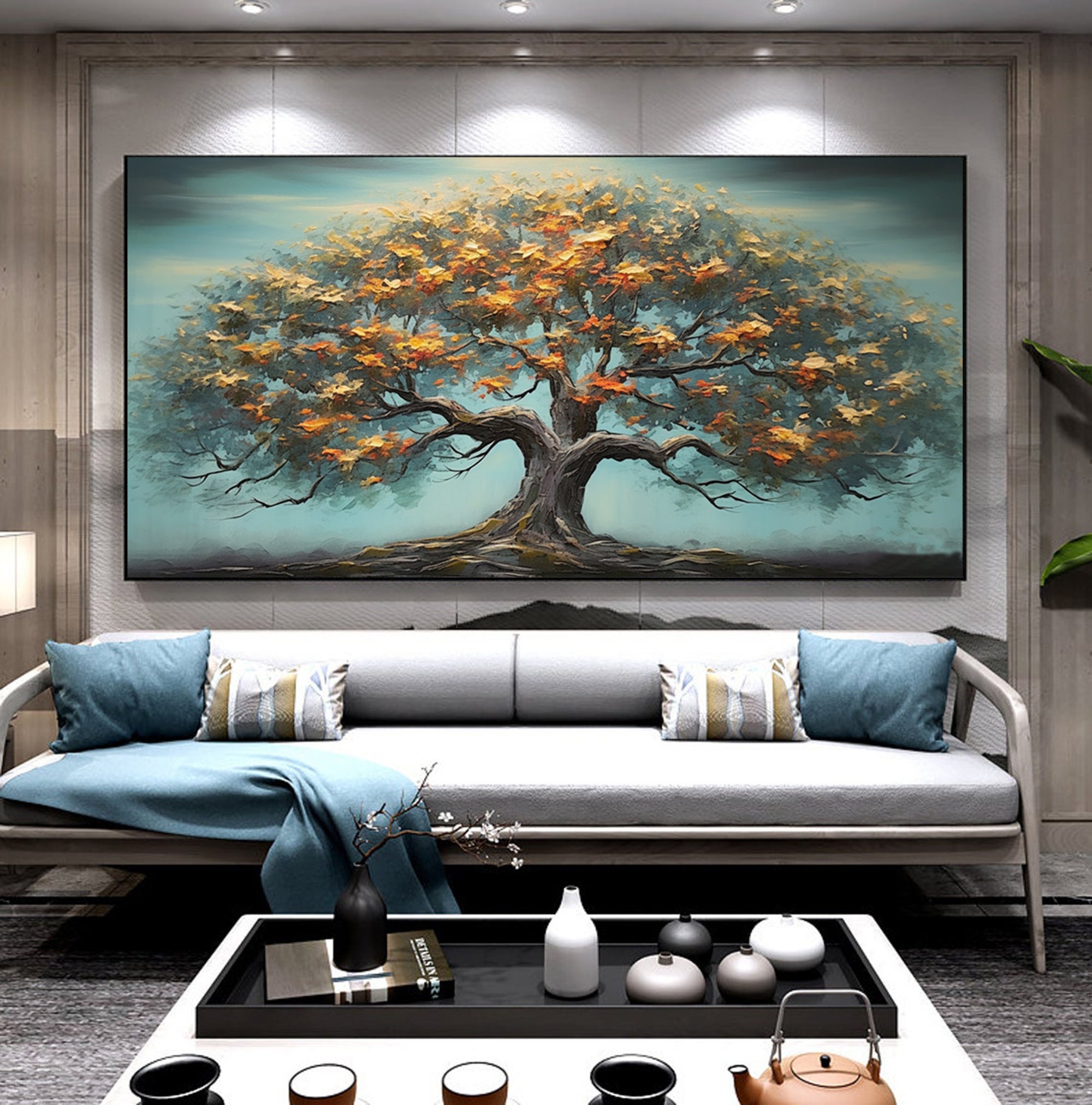 Original Tree Painting on Canvas Large Abstract Gold Gray Big - Etsy