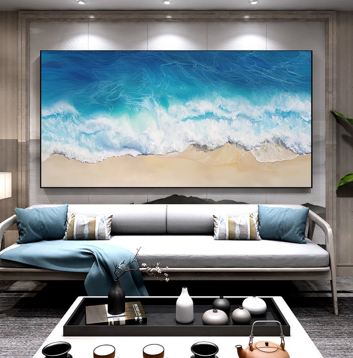 Hand Painted Impasto Sea Texture Art,large Abstract Blue Sea Island ...