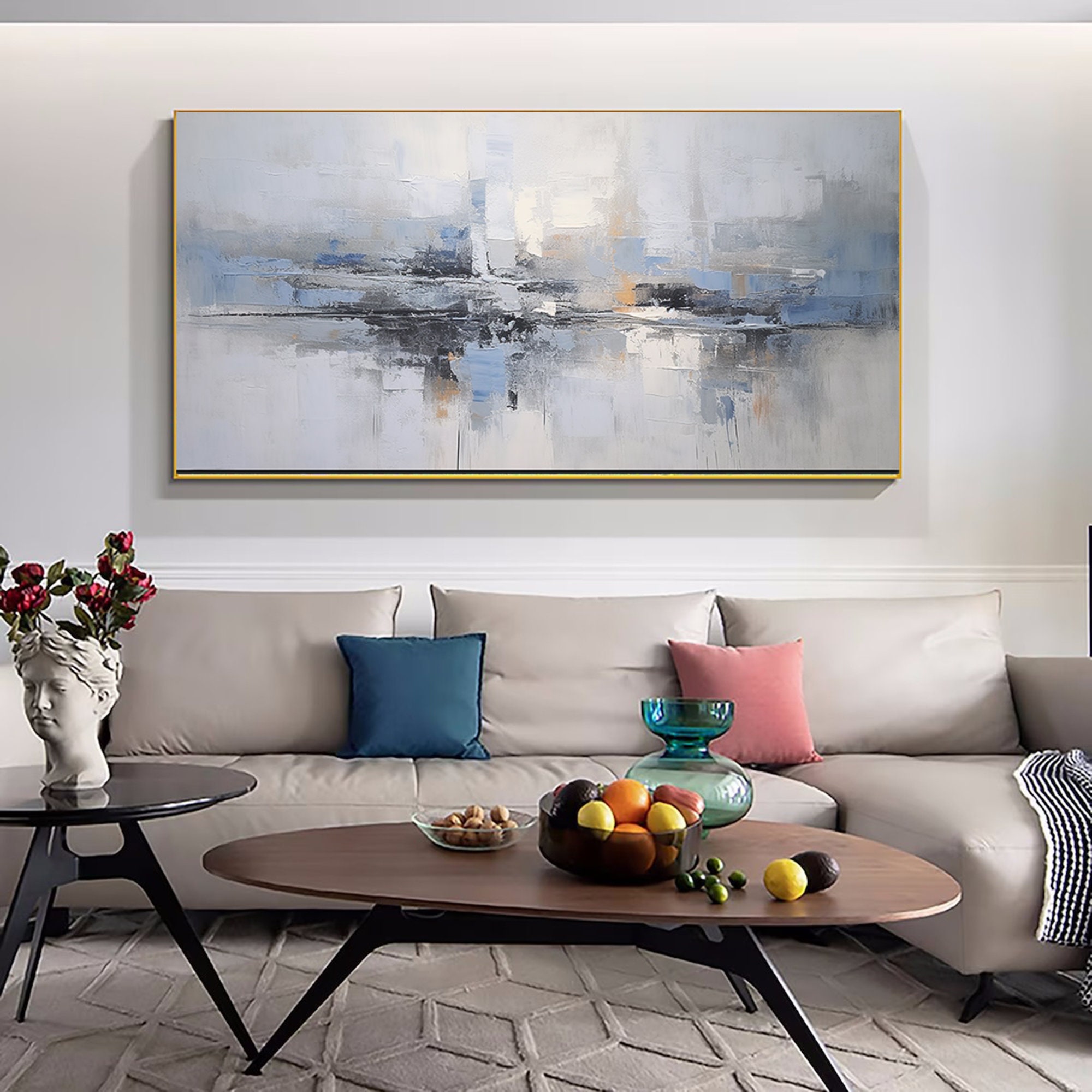 Blue and Gray Canvas Art Oversized Painting Gray Abstract Painting ...